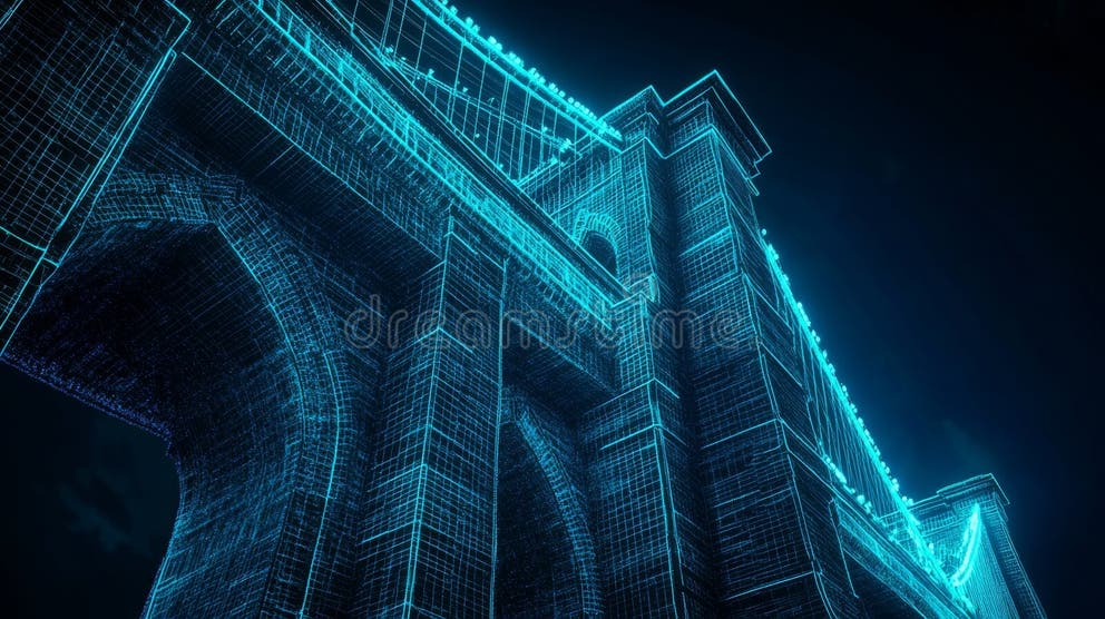 A Futuristic Cityscape with a 3D Wireframe Bridge Illuminated by Night ...