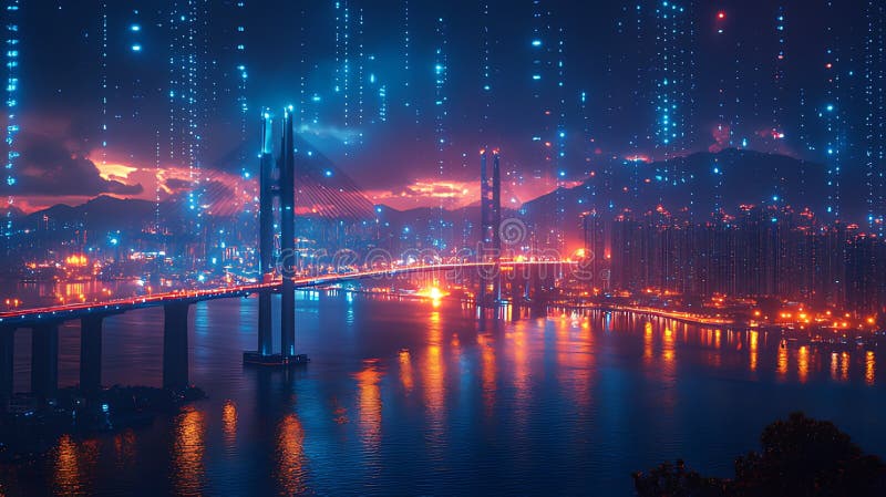 Futuristic Cityscape Data Rain Over Bridge at Night Stock Illustration ...