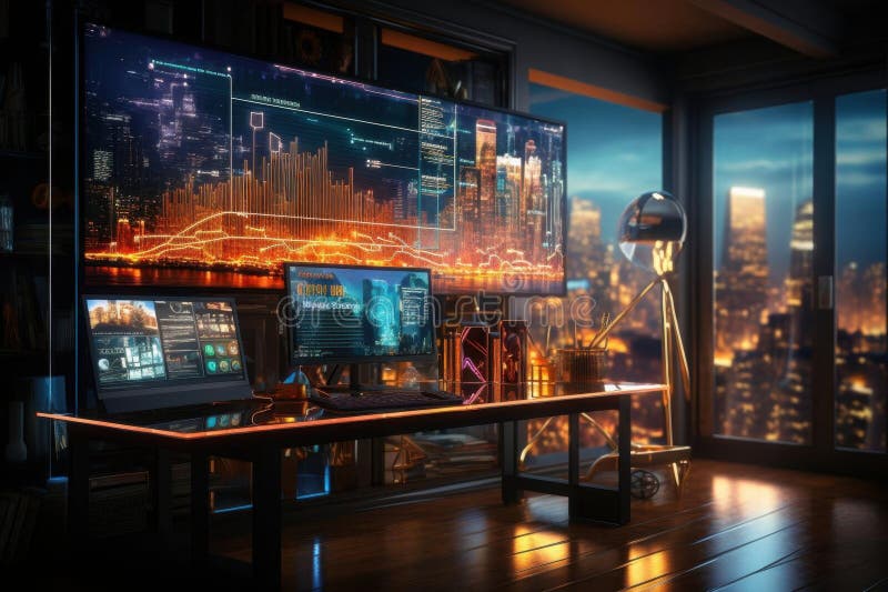 Futuristic Cityscape Desk Setup with Monitors and Night Lights Stock ...