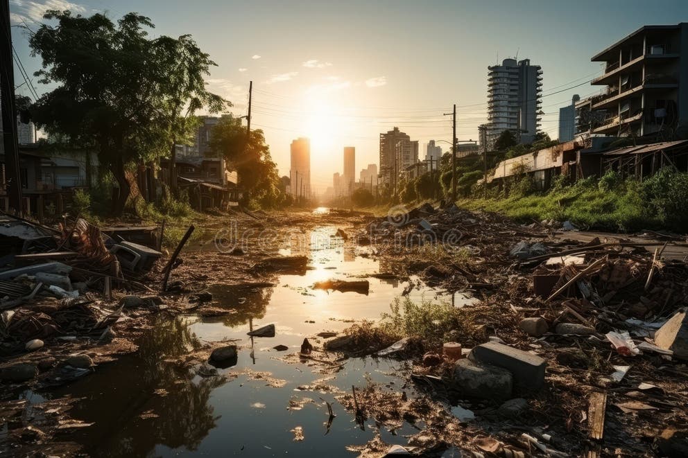 Futuristic Cityscape Devastated in 2030 Cinematic Scene with Dramatic ...