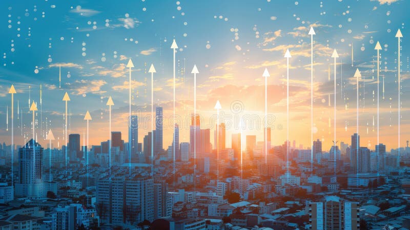 A Futuristic Cityscape with Digital Arrows Pointing Upwards ...
