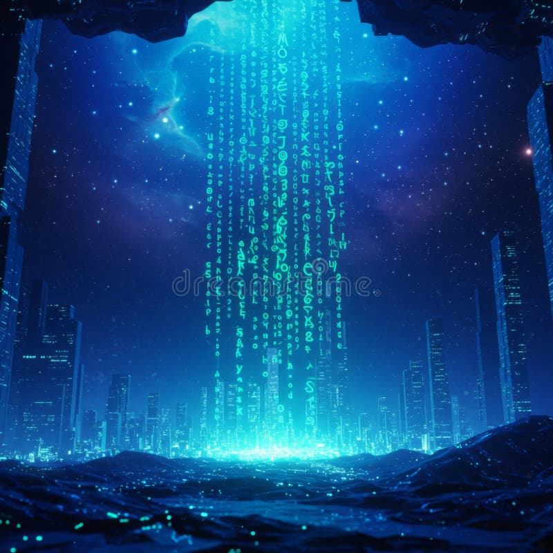 Futuristic Cityscape with Digital Code Stream at Night Stock ...