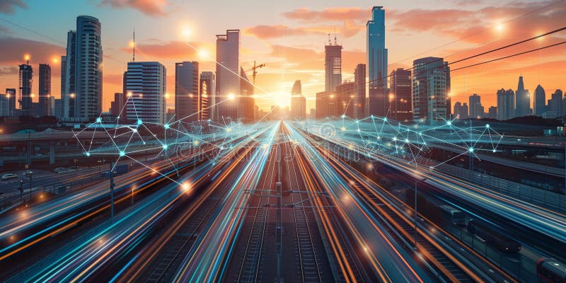 A Futuristic Cityscape with Digital Connections and Light Trails Stock ...