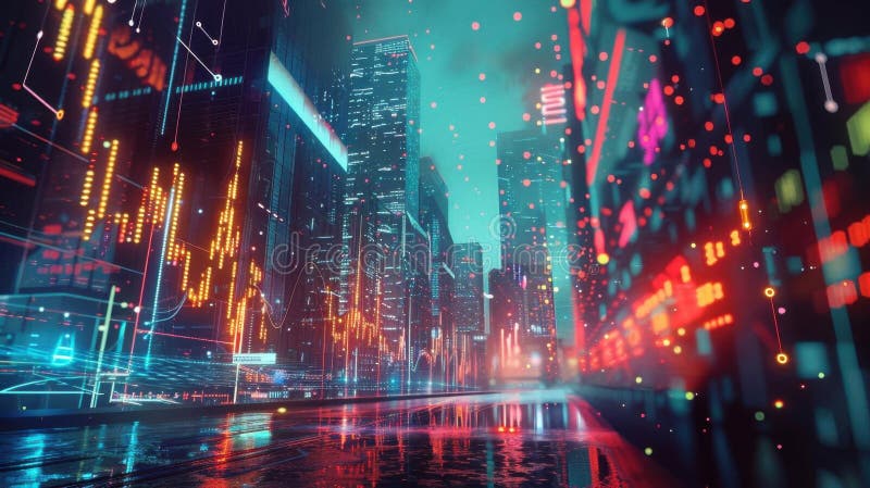 Futuristic Cityscape with Digital Data Overlays Stock Image - Image of ...