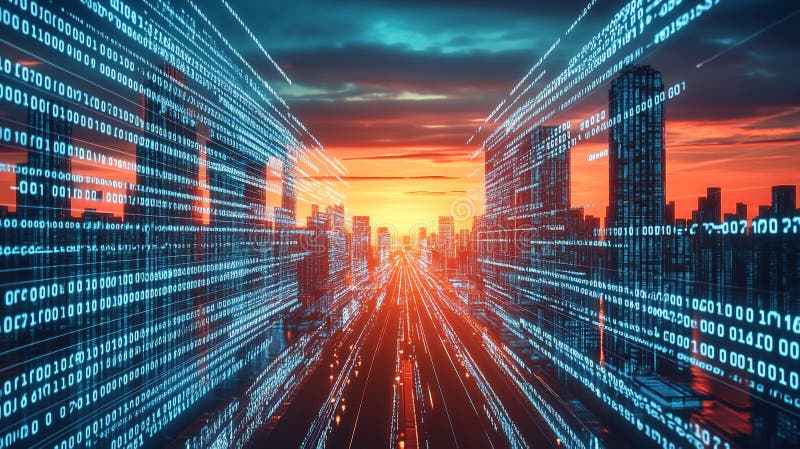 Futuristic Cityscape Digital Data Stream Over Urban Skyline at Sunset Stock Photo - Image of ...