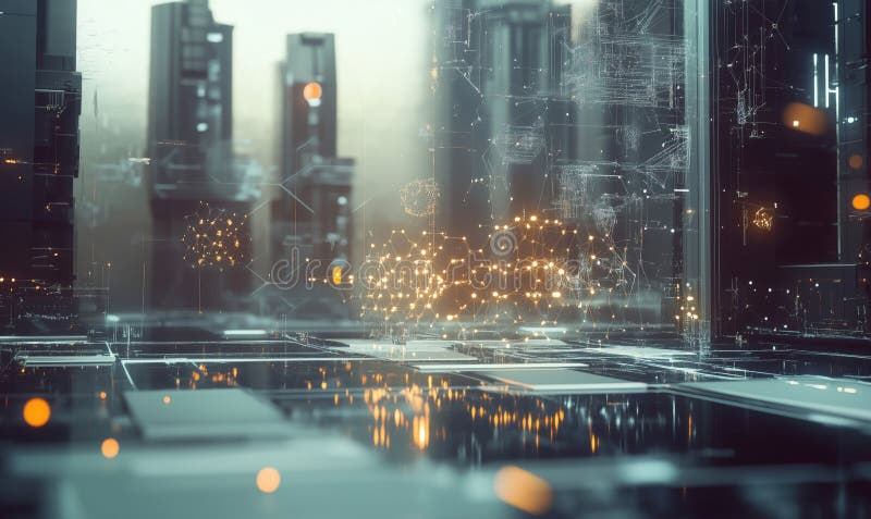 Futuristic Cityscape with Digital Elements, Glowing Lights, and ...