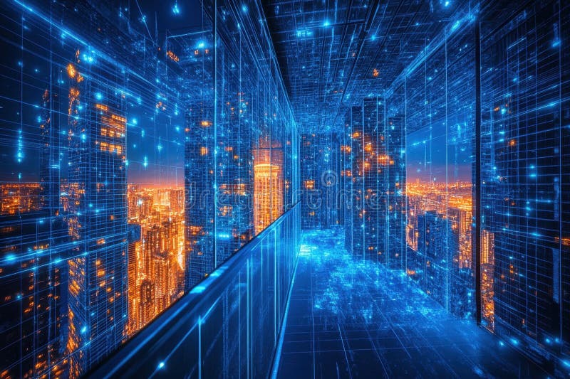 Futuristic Cityscape with Digital Grid and Illuminated Skyline at Night ...