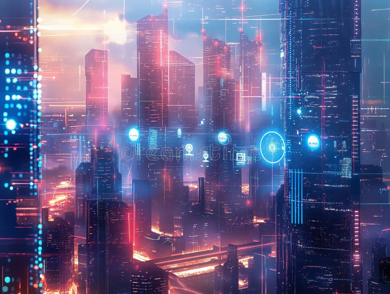 Futuristic Cityscape with Digital Interface Elements Stock Image ...