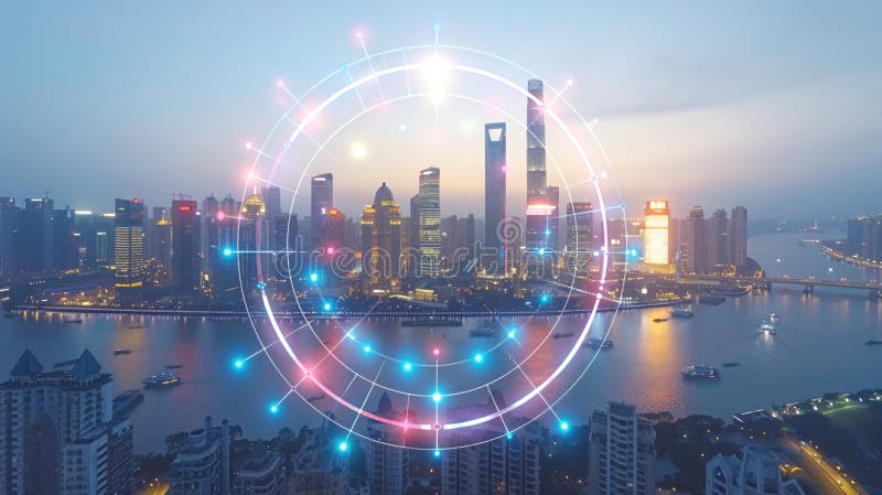 Futuristic Cityscape with Digital Network Overlay at Dusk Stock Image ...