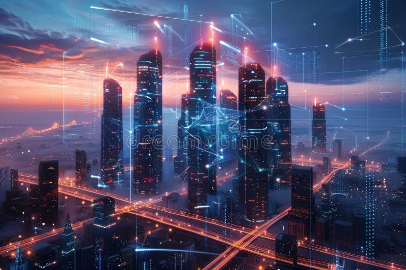 Futuristic Cityscape with Digital Network Overlay Stock Photo - Image ...