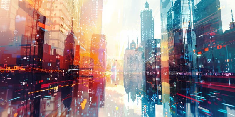 Futuristic Cityscape with Digital Overlay and Skyscrapers Stock Illustration - Illustration of ...