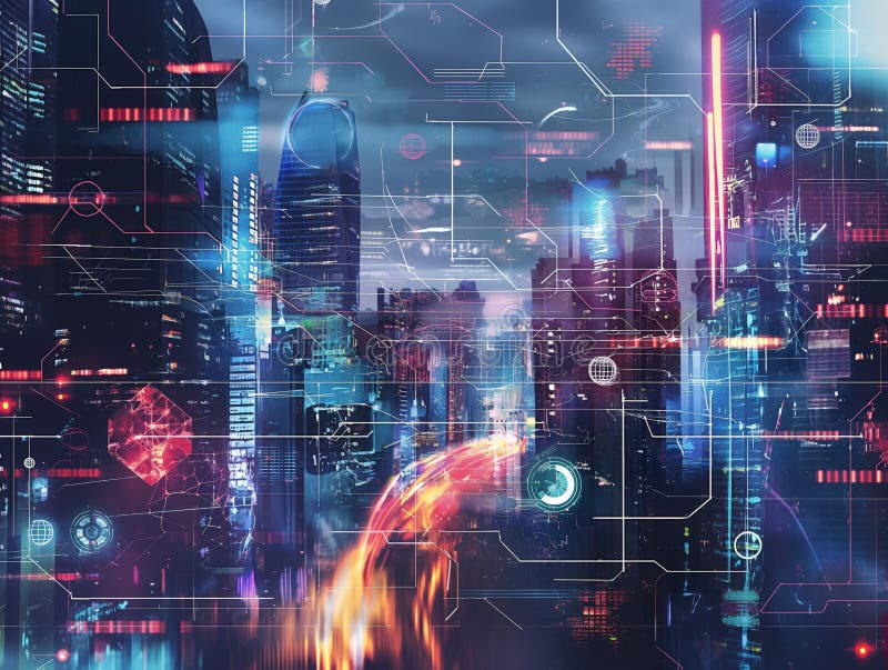 Futuristic Cityscape with Digital Interface Stock Photo - Image of city ...