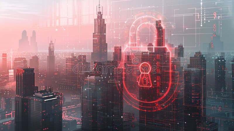 Futuristic Cityscape with Digital Security Overlay, Featuring Glowing ...