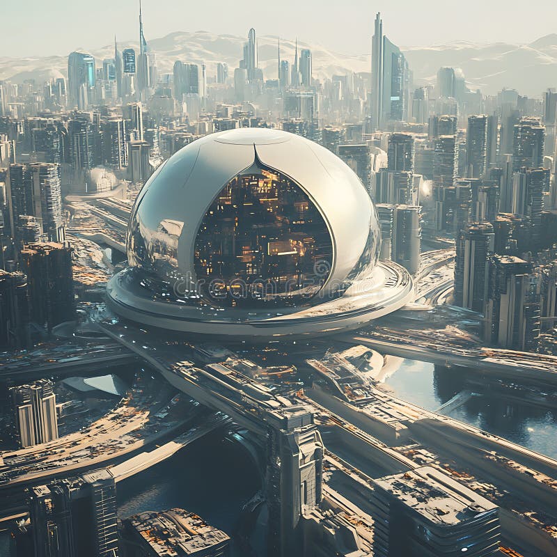 Futuristic Cityscape with Dome Structure Above Complex Infrastructure ...