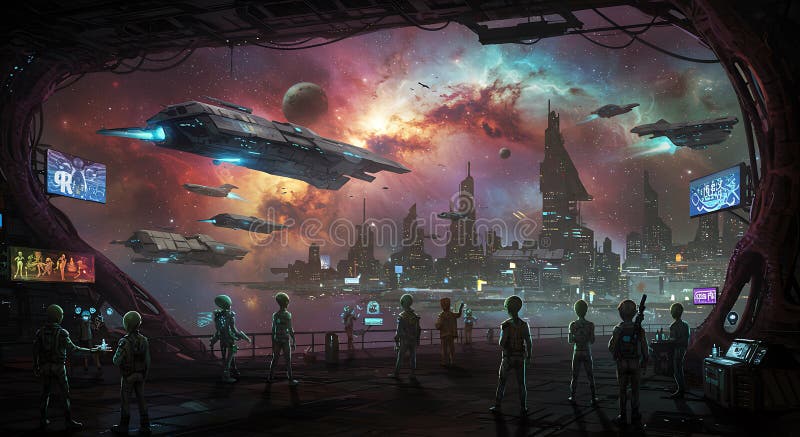 Futuristic Cityscape with a Dramatic Space Setting. Spaceships Hover ...
