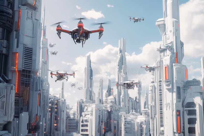 Futuristic Cityscape with Drones Stock Illustration - Illustration of ...