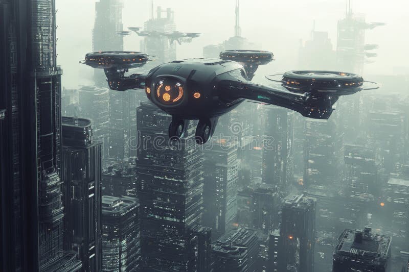 Futuristic Cityscape with Drones Stock Illustration - Illustration of ...