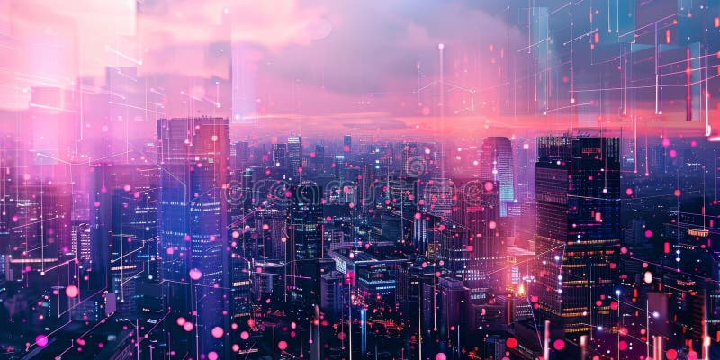 Futuristic Cityscape at Dusk with Digital Overlay and Neon Lights Stock Illustration ...