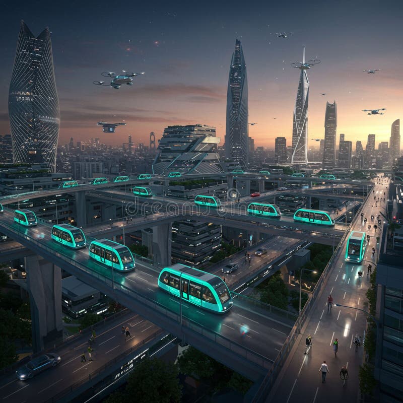 Futuristic Cityscape at Dusk Featuring Advanced Architecture and ...