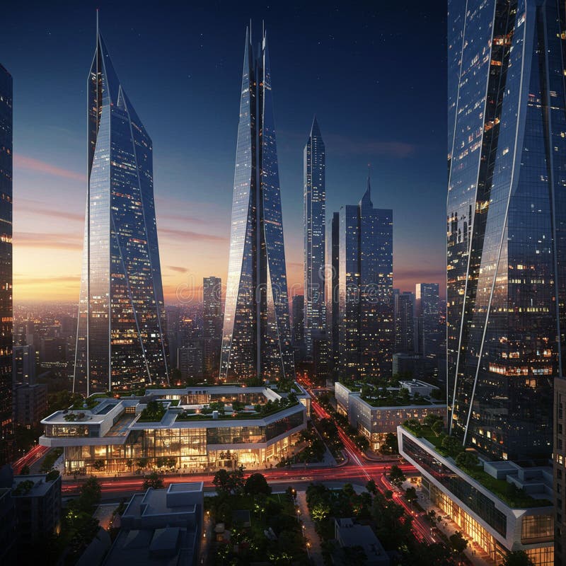 A Futuristic Cityscape at Dusk Featuring a Cluster of Sleek, Angular ...