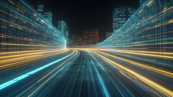 A Futuristic Cityscape with Dynamic Light Trails Representing Speed and Technology Stock ...