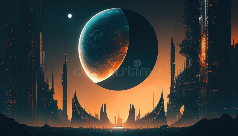 Futuristic Cityscape with Eclipse in Background Stock Illustration ...