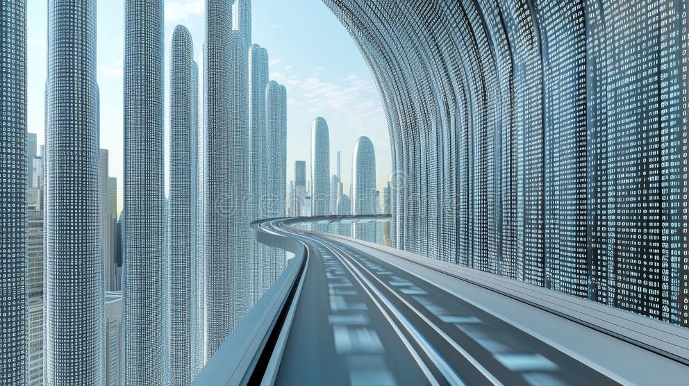 Futuristic Cityscape Elevated Highway, Binary Code Architecture ...