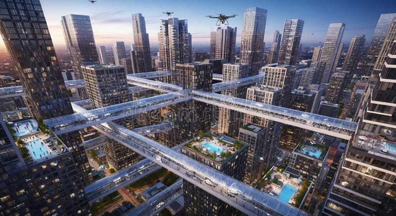 Futuristic Cityscape with Elevated Skybridges Connecting Modern ...