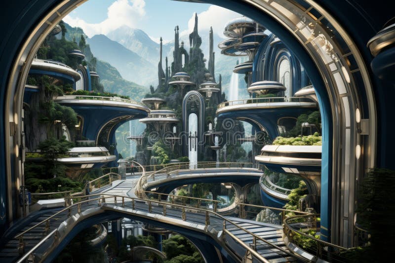 Futuristic Cityscape with Elevated Walkways and Lush Greenery Stock ...
