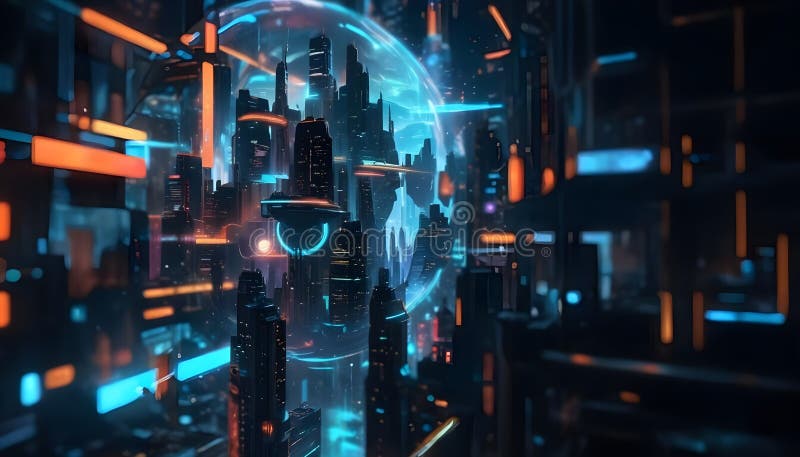 Futuristic Cityscape Enclosed within a Shimmering Orb, Set Against a ...
