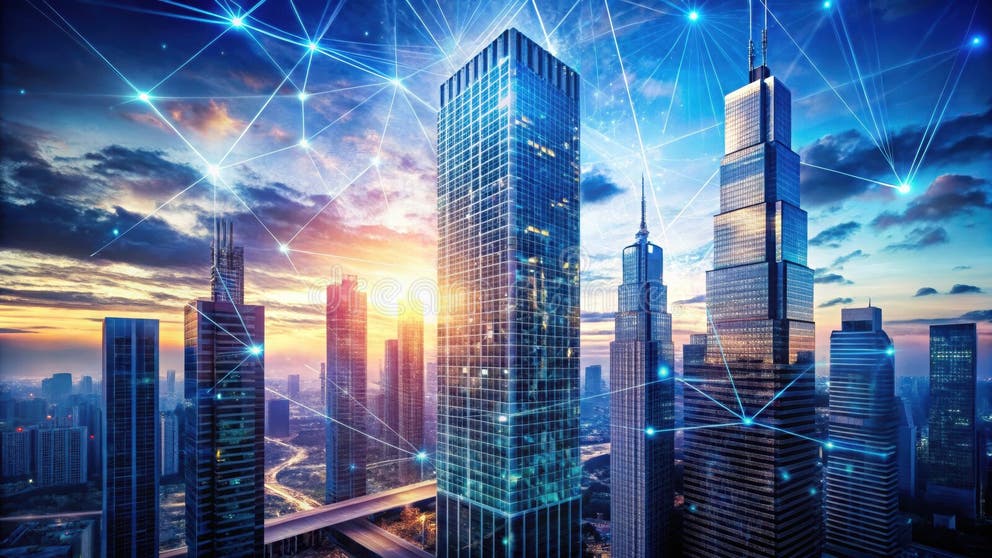 Futuristic Cityscape Enhanced with Digital Network Lines Showcasing ...