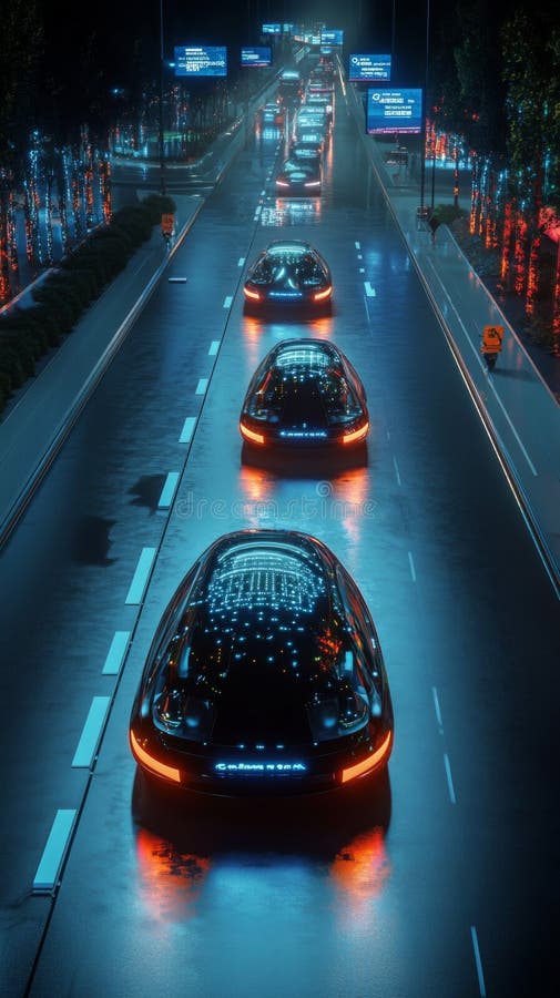 Futuristic Cityscape Featuring Autonomous Vehicles in Vibrant Neon ...