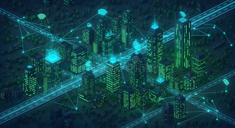 Cybernetic Metropolis: Connected Cityscape of Glowing Buildings and ...