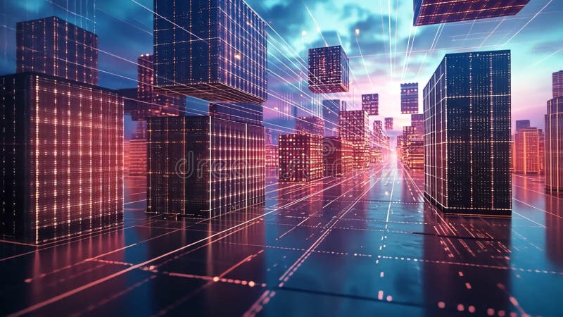 Futuristic Cityscape Featuring Glowing Buildings and Vibrant Digital ...