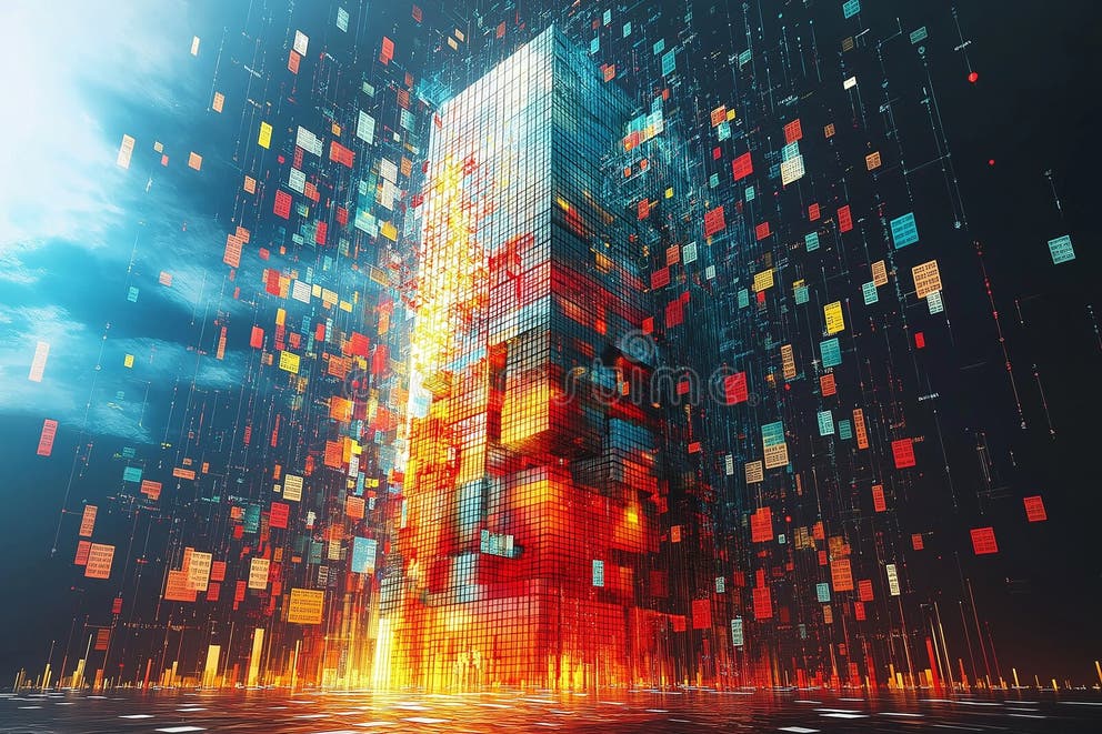 A Futuristic Cityscape Featuring a Glowing Skyscraper with Vibrant ...