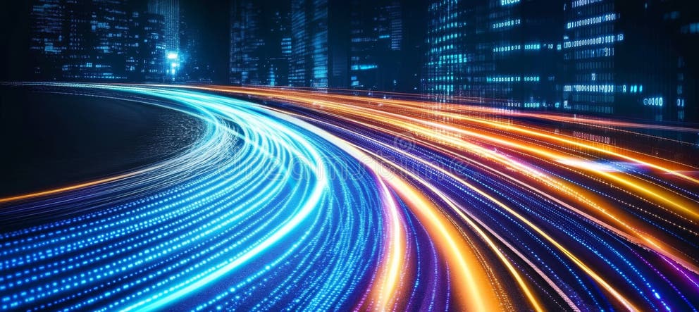 Futuristic Cityscape Featuring High-Speed Data Connectivity and Technology-Driven Urban ...