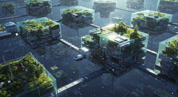 Futuristic Cityscape Featuring Large, Cube-shaped Structures Connected ...