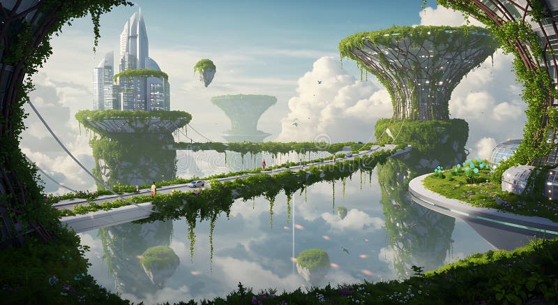 Futuristic Cityscape Featuring Large, Floating Platforms with Urban ...