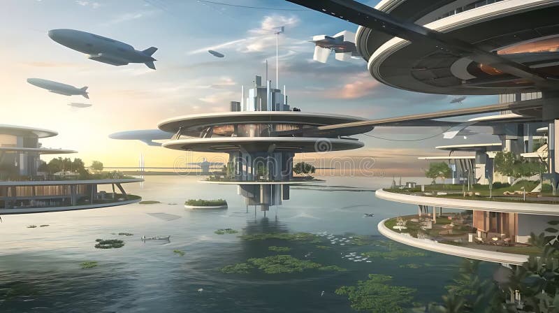 Futuristic Cityscape Featuring Multiple Circular, Elevated Platforms ...