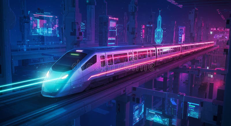 Futuristic Cityscape Featuring a Sleek, Modern Train on an Elevated ...