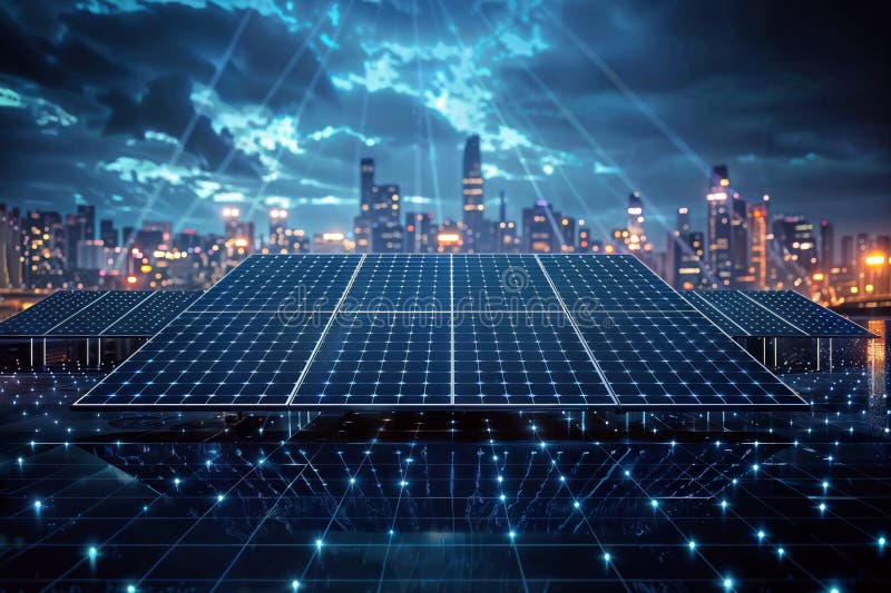 Smart City Power: Futuristic Cityscape with Illuminated Solar Panels ...