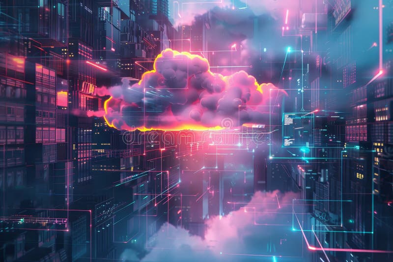 A Futuristic Cityscape Featuring Tall Buildings Under a Sky with a ...