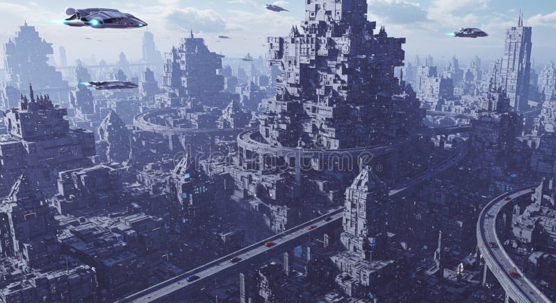 Futuristic Cityscape Featuring Towering, Angular Skyscrapers ...