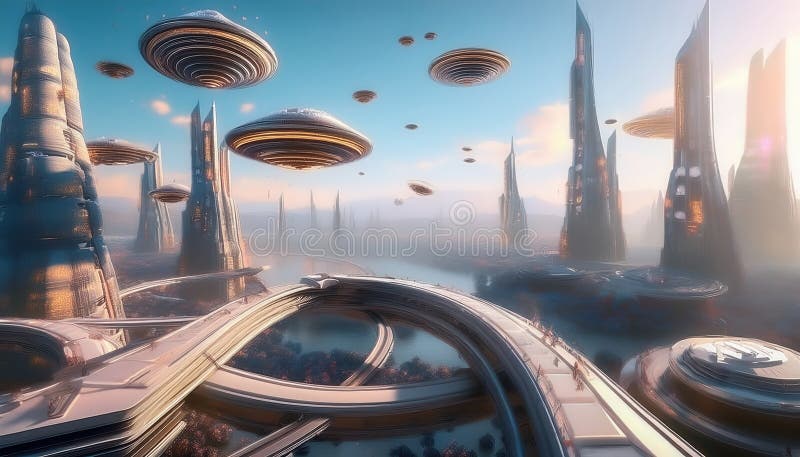 Futuristic Cityscape Featuring Towering Spiral Structures and Hovering ...