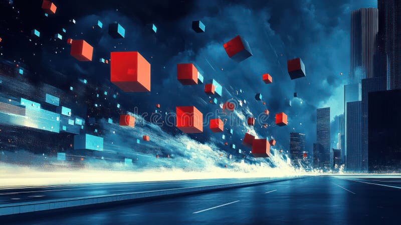 Futuristic Cityscape with Flying Cubes: Abstract Digital Art Stock ...