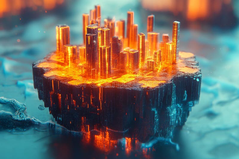 Futuristic Cityscape on Floating Island with Glowing Structures Stock ...