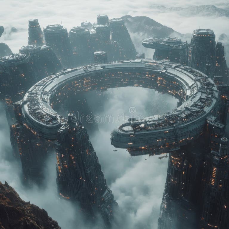 Futuristic Cityscape with Floating Structures Above Misty Landscape ...