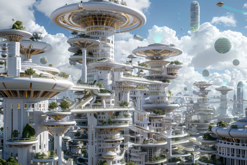 Futuristic Cityscape with Floating Structures and Lush Green Spaces ...