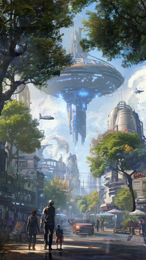 Futuristic Cityscape with Floating Structures and Urban Greenery Stock ...