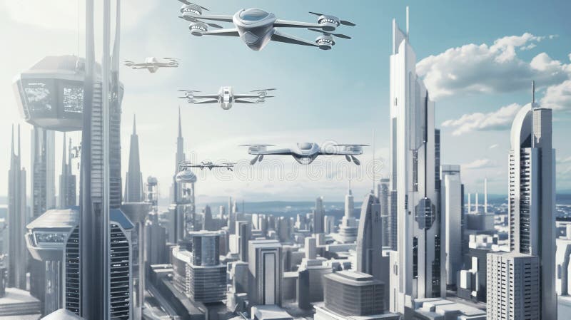 The Futuristic Cityscape with Flying Drones, High-tech Buildings, and ...